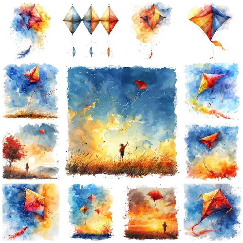 Watercolor 34 Kite PNG Clipart, Kite Flying Scenery Illustration ...