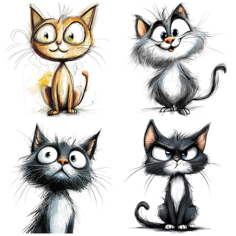 30 Quirky Cat PNG Clipart Bundle, Whimsical Kitten Illustration, Funny ...