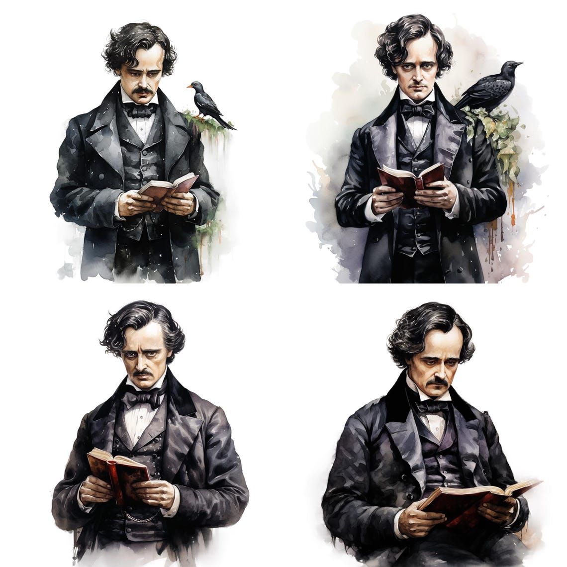 Edgar Allan Poe PNG Clipart Bundle, Watercolor Edgar Allan Poe Gothic ...