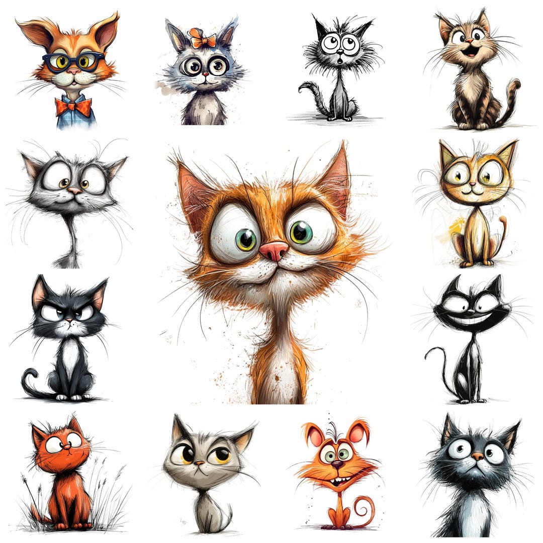 30 Quirky Cat PNG Clipart Bundle, Whimsical Kitten Illustration, Funny ...