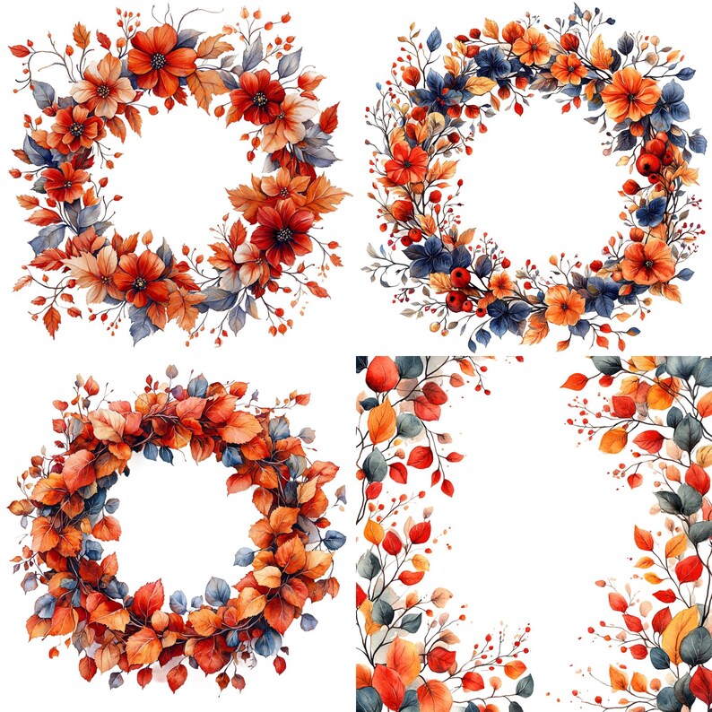 Fall Leaves Wreath PNG Clipart Bundle, Watercolor Floral Garland Art ...