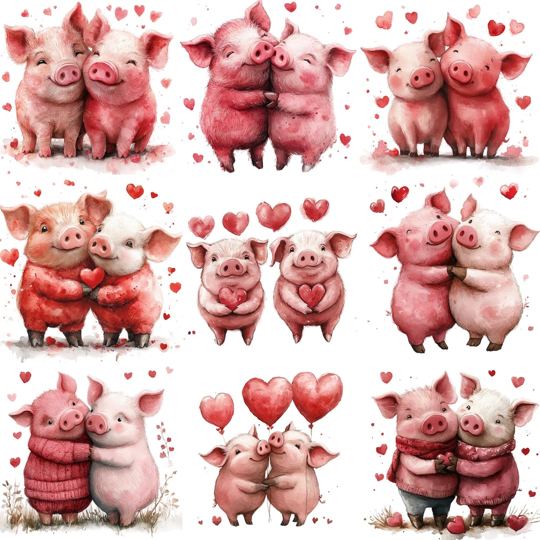 28 Valentine's Day Pigs PNG Clipart Bundle, Watercolor Valentine's Day ...