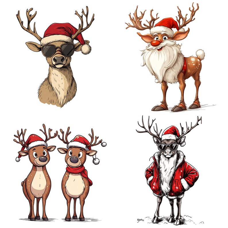 38 Quirky Reindeer Clipart PNG Bundle, Watercolor Christmas Cartoon ...