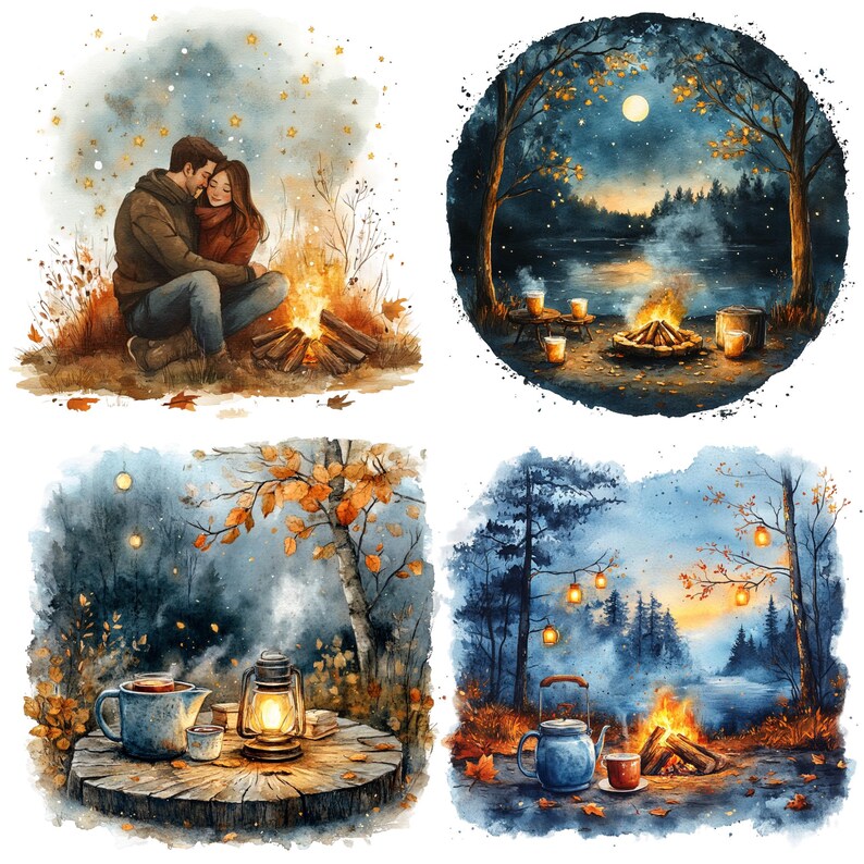 Autumn Cozy Campfire Scenery PNG Clipart Bundle, Watercolor Fall Season ...