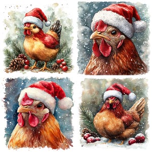 32 Christmas Chicken PNG Clipart Bundle, Watercolor Xmas Chicken ...