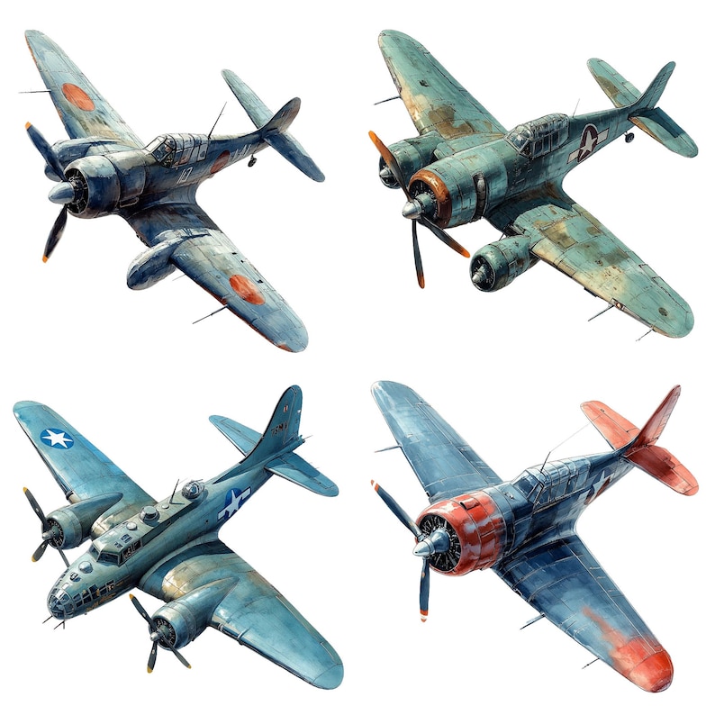 36 Vintage Plane PNG Clipart Bundle, Watercolor WW2 Airplanes ...