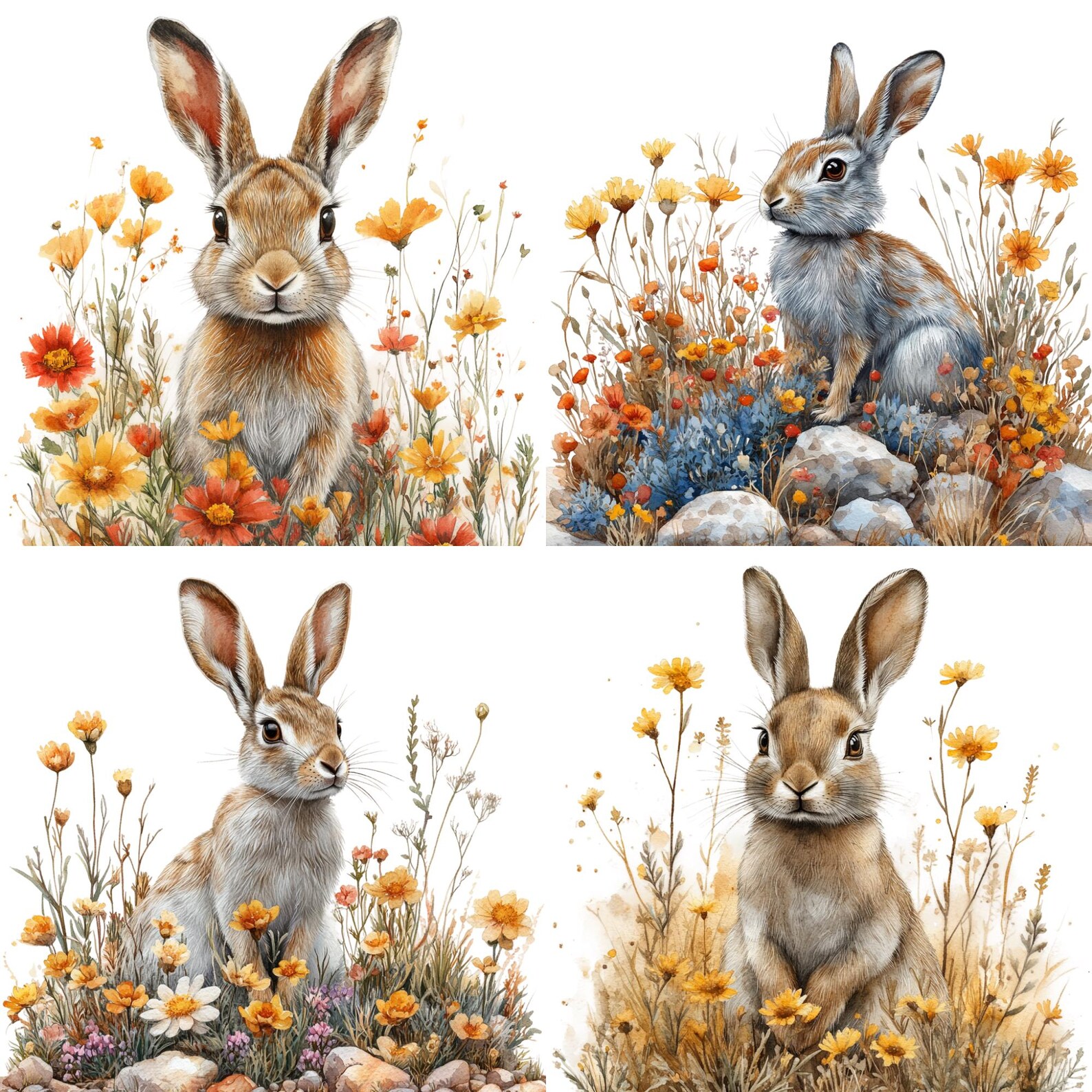 34 Jackrabbit PNG Clipart Bundle, Watercolor Floral Jackrabbit Scenery ...