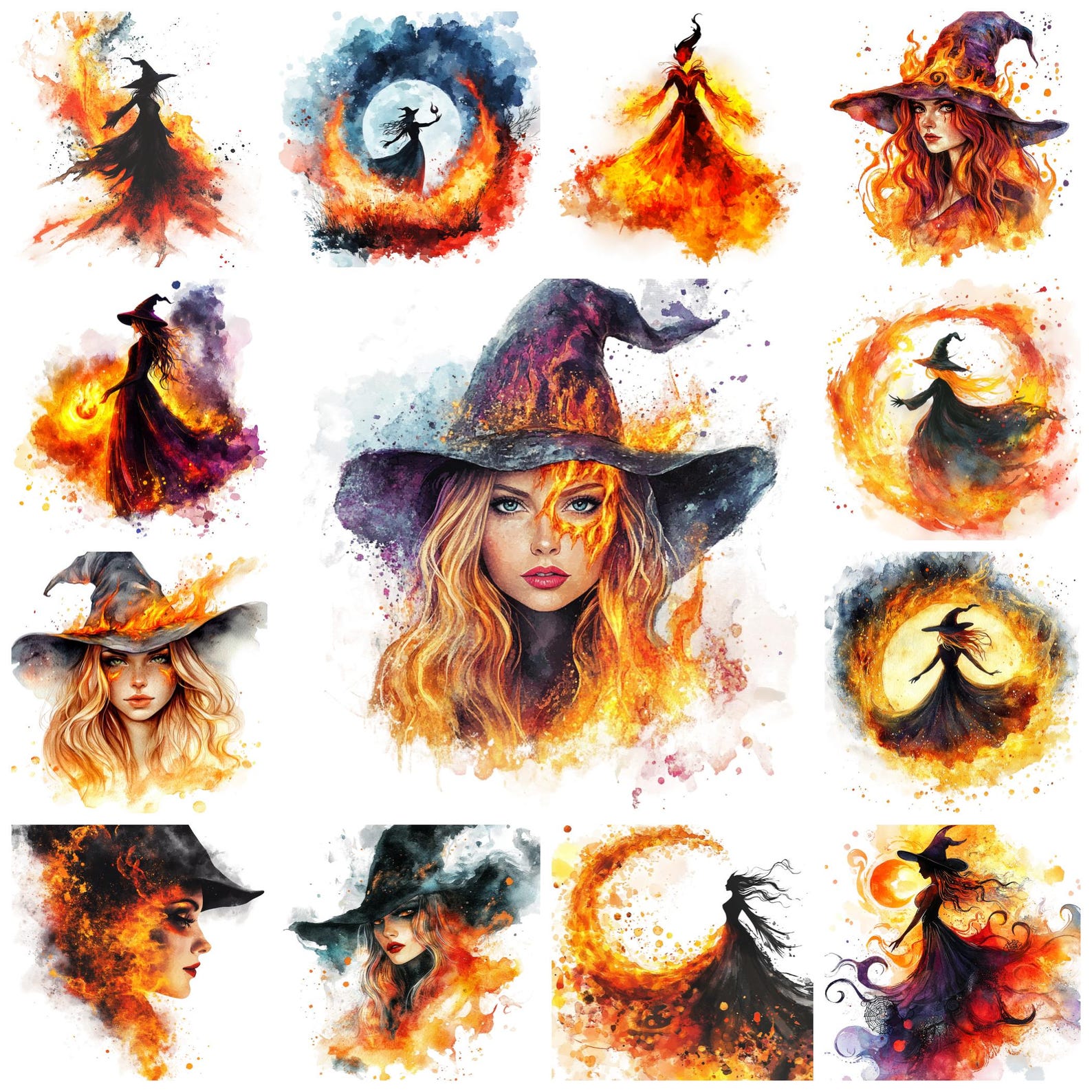 44 Fire Witch Clipart PNG Bundle, Watercolor Flaming Witchcraft ...