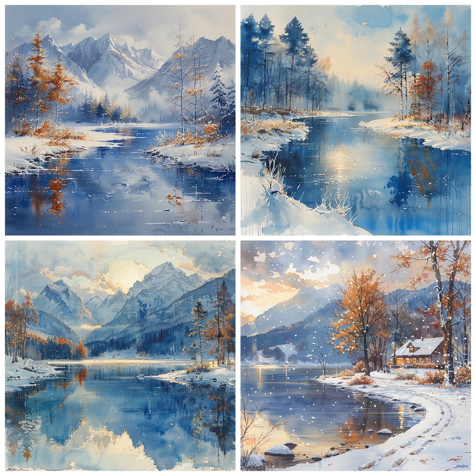 20 Lakeside Winter PNG Landscape, Watercolor Snowy Lake Clipart,winter ...