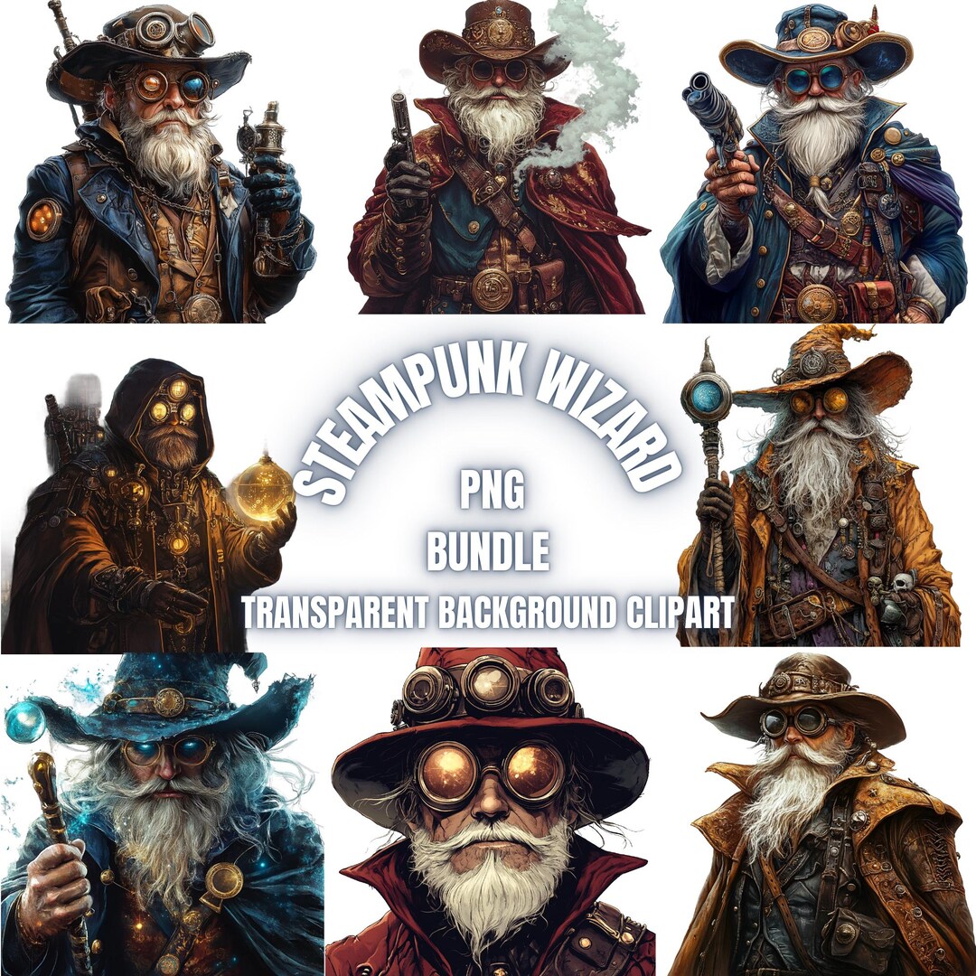 Steampunk Wizard PNG Clipart Bundle, Watercolor Victorian Mechanical ...