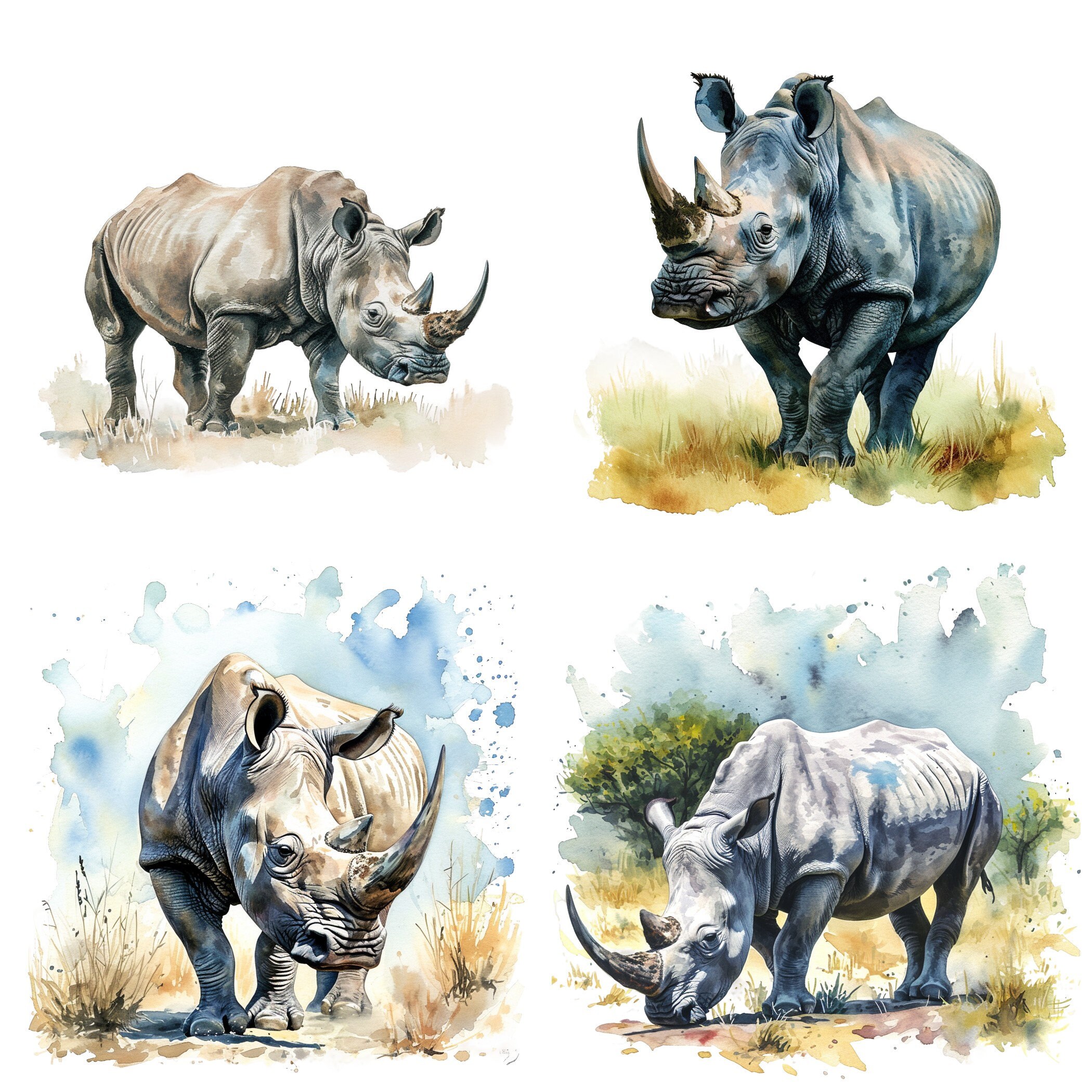 30 Rhino PNG Clipart, Watercolor South African White Rhinoceros Scenery ...
