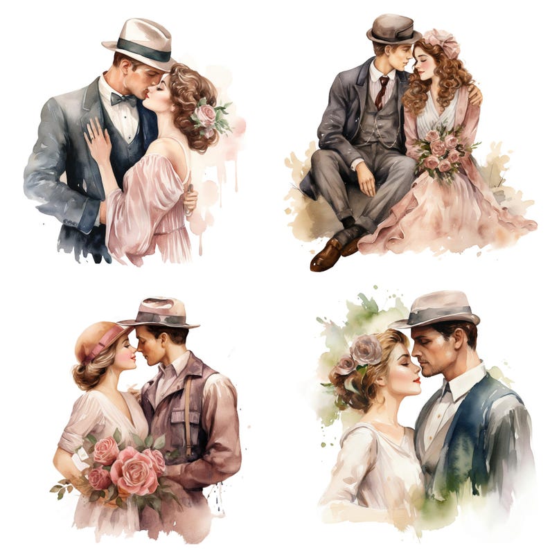 24 Romantic Couple PNG Clipart Bundle, Watercolor Vintage Couple in ...