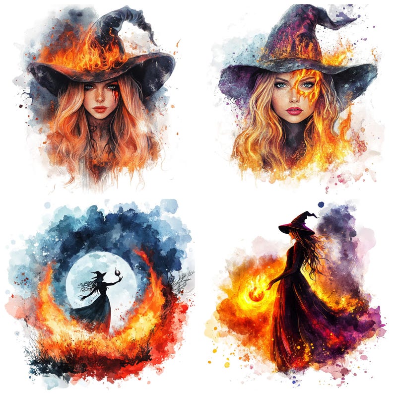 44 Fire Witch Clipart PNG Bundle, Watercolor Flaming Witchcraft ...