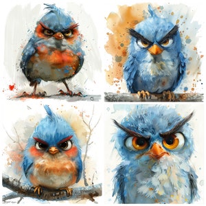 40 Grumpy Birds PNG Clipart, Watercolor Moody Bird Illustration ...