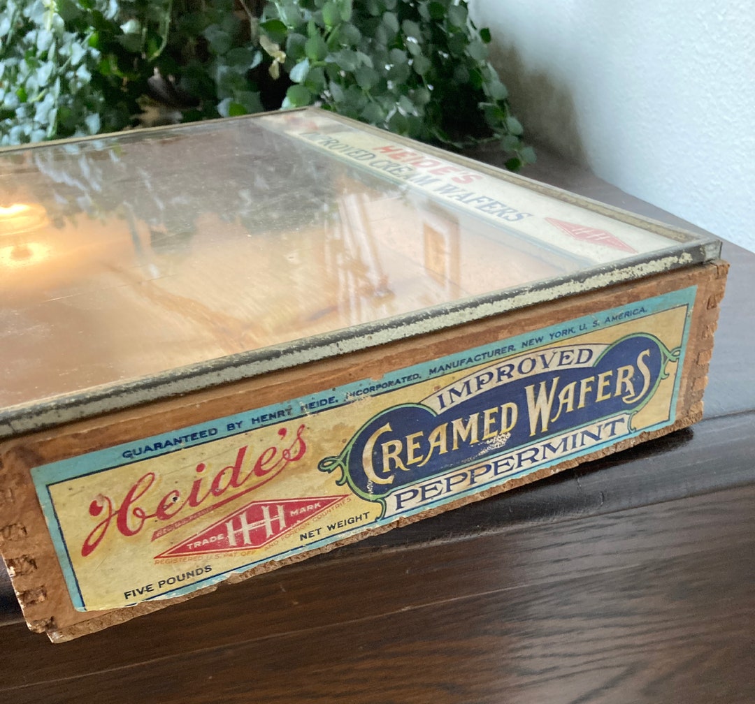 Antique Heide's Improved Cream Wafers Box, Glass Lid, Display Box ...