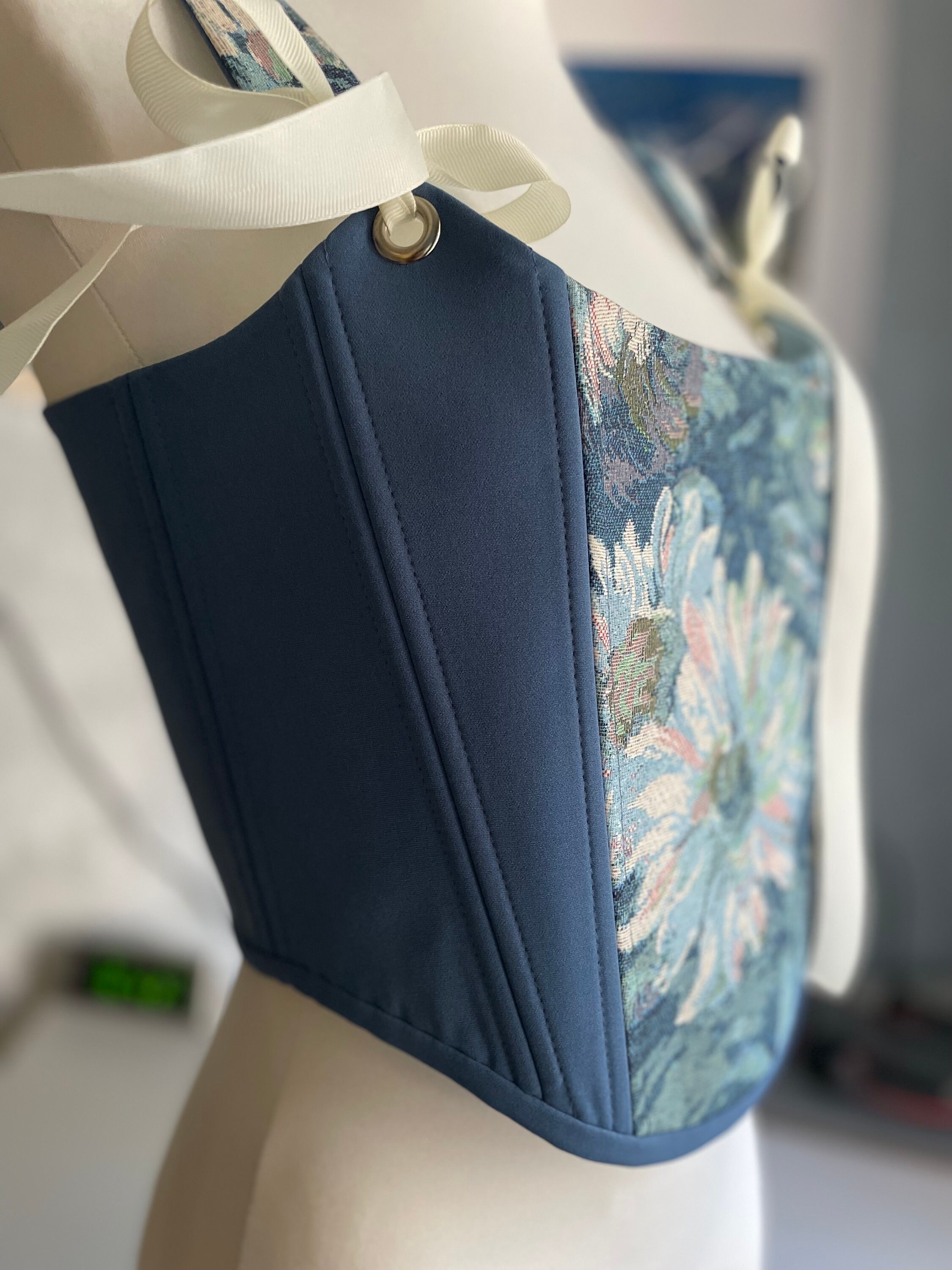 Corset, Blue Floral Tapestry Corset Toprenaissance Corset, Floral ...