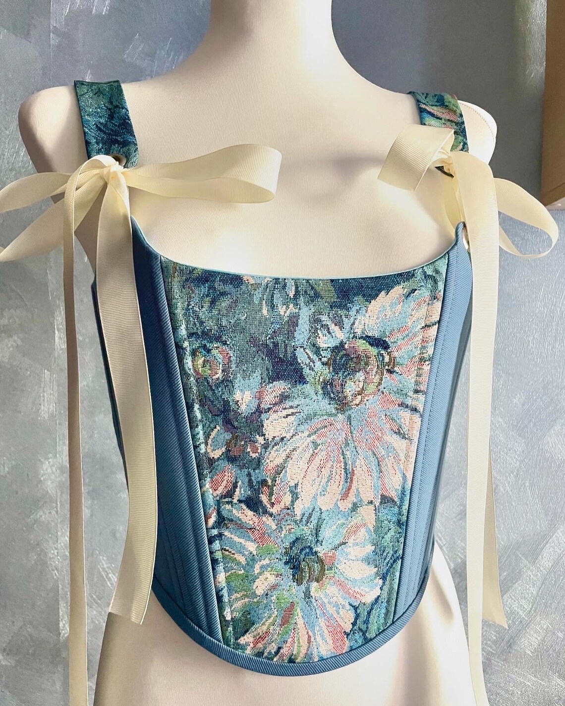 Corset, Blue Floral Tapestry Corset Toprenaissance Corset, Floral ...