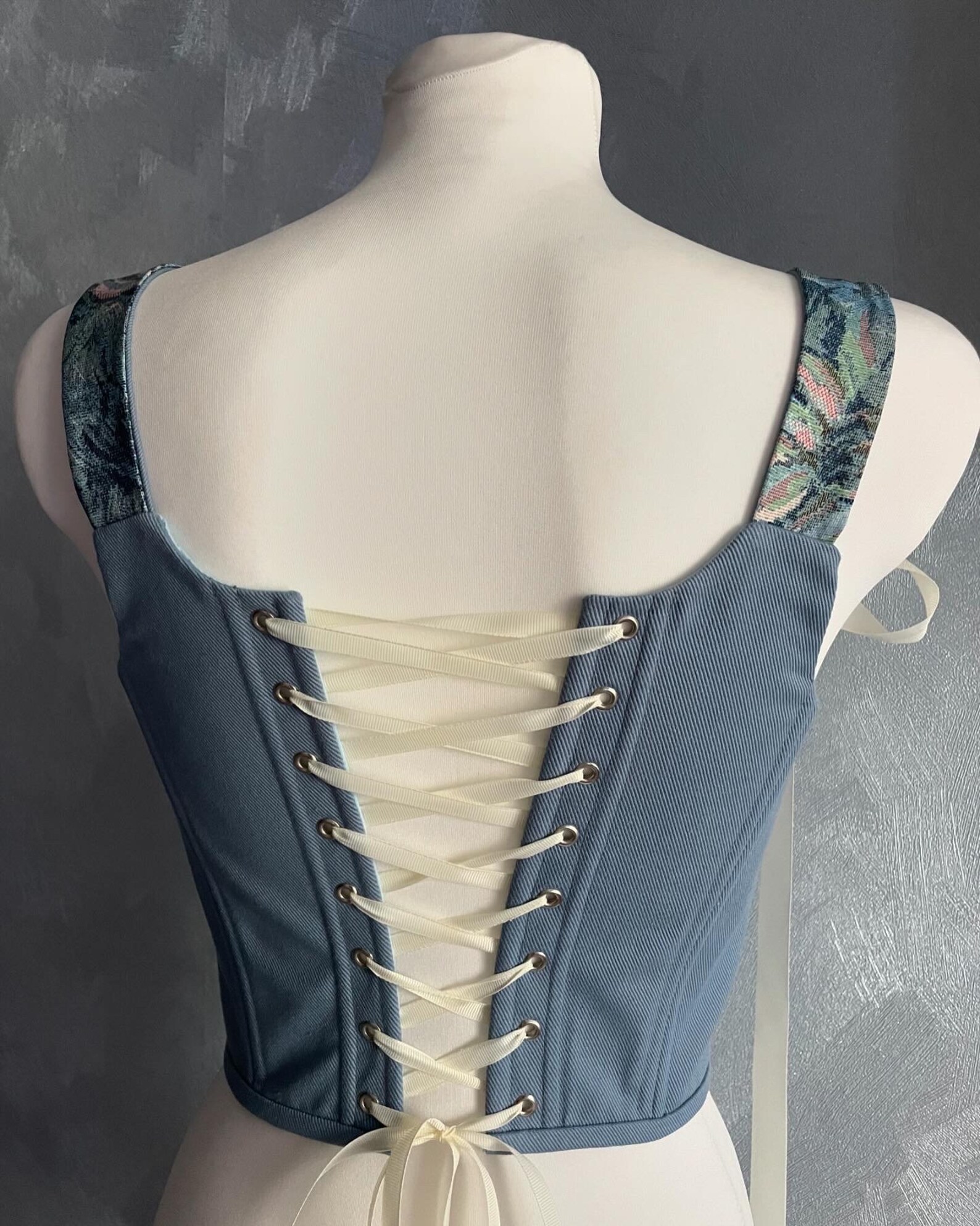 Corset, Blue Floral Tapestry Corset Toprenaissance Corset, Floral ...