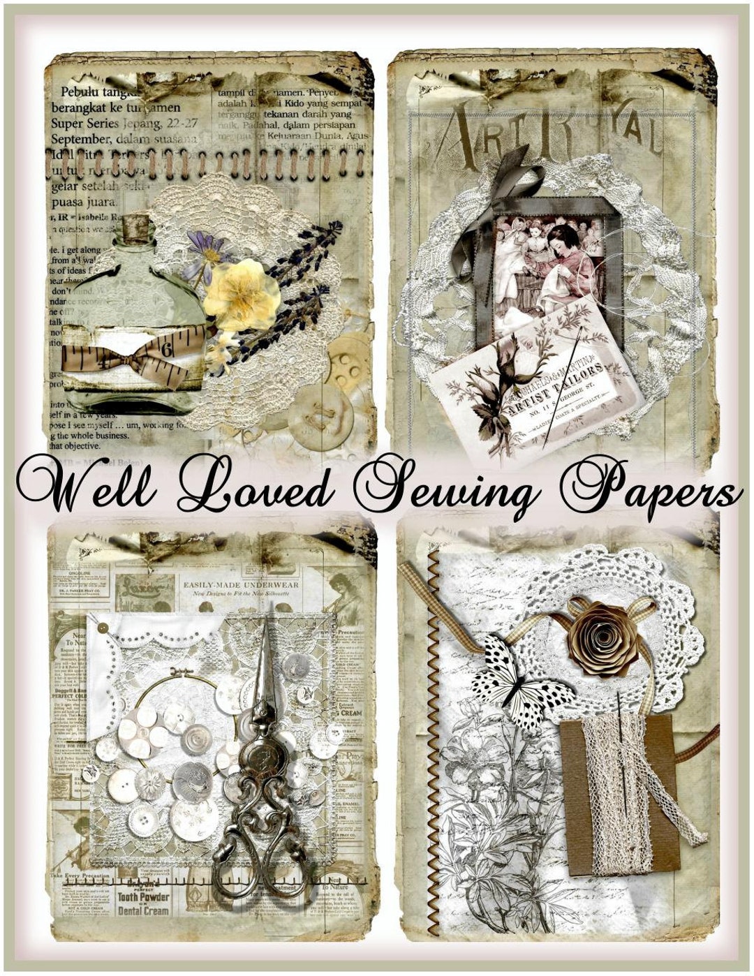 INSTANT DOWNLOAD Well Loved Sewing Papers Vintage Ephemera Collages Set ...