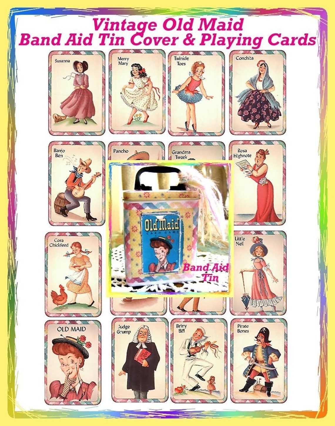 Vintage Old Maid Playing Cards and Band Aid Tin Cover Digital Printable ...