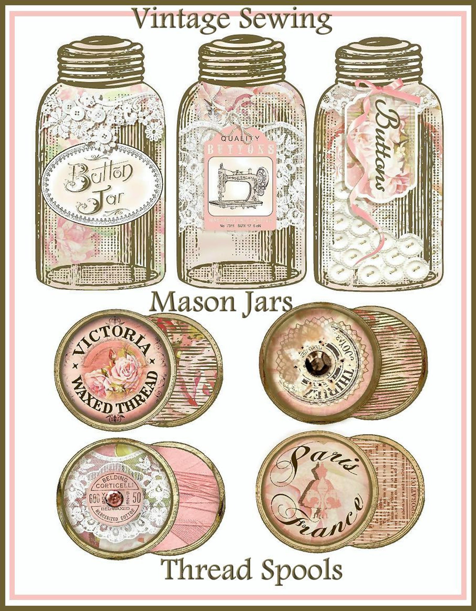 INSTANT DOWNLOAD Vintage Sewing Mason Jar & Thread Spool - Etsy