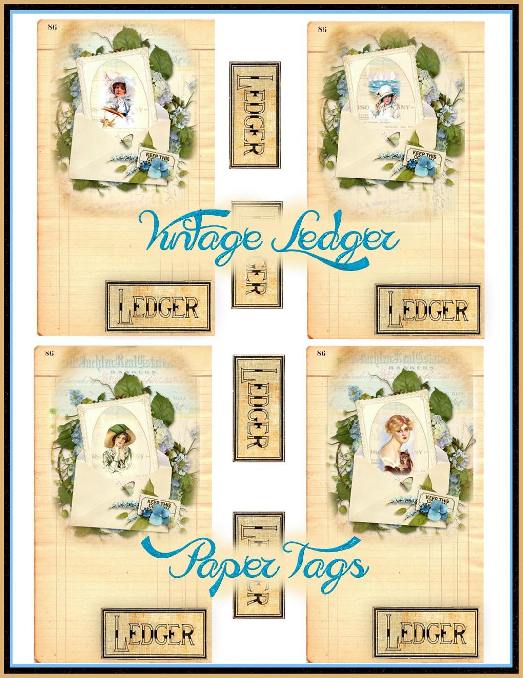 Vintage Ledger Collage Tags With Decoupage INSTANT DOWNLOAD Digital ...