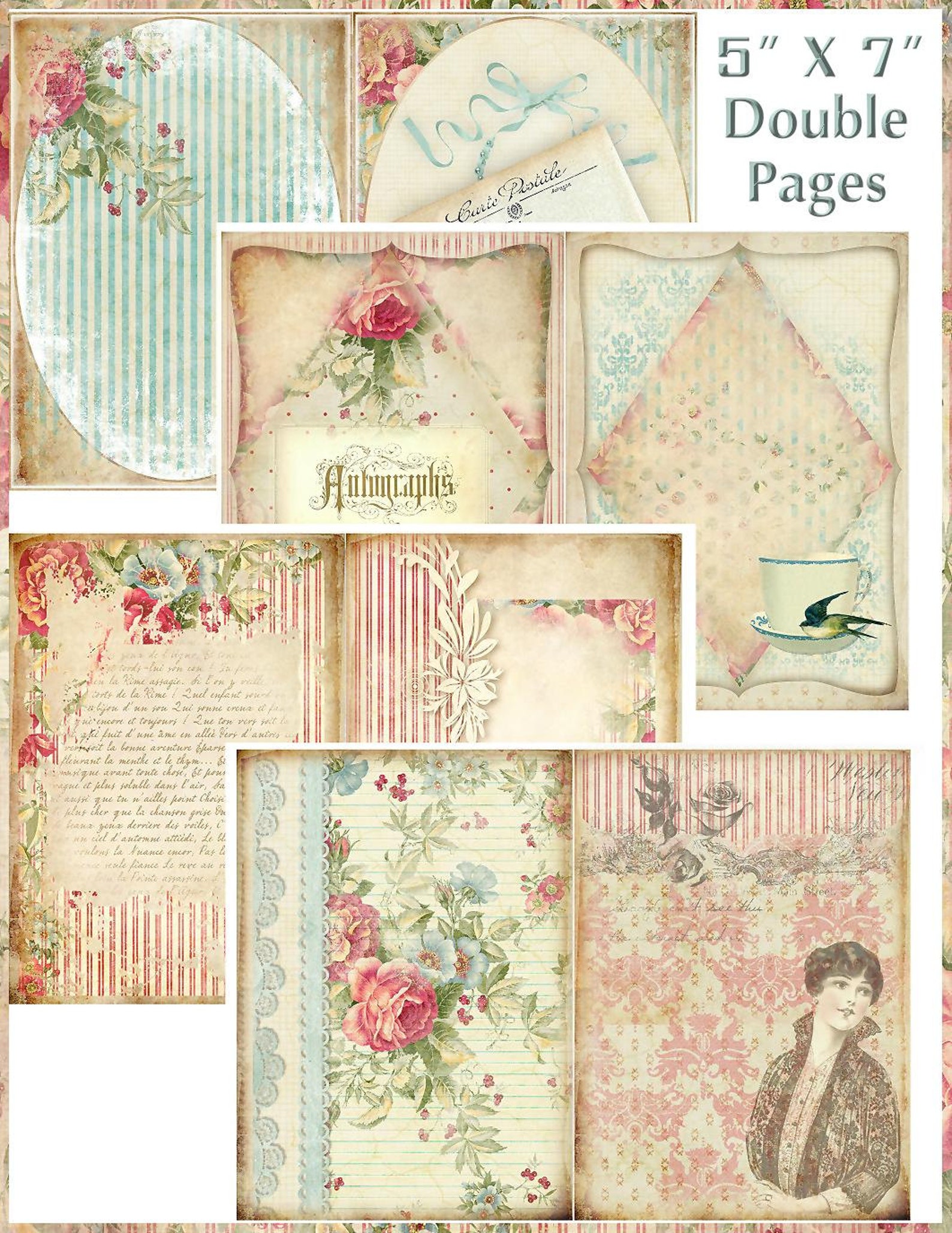 Shabby Roses Digital Journal Book Kit With 24 Papers and 72 | Etsy