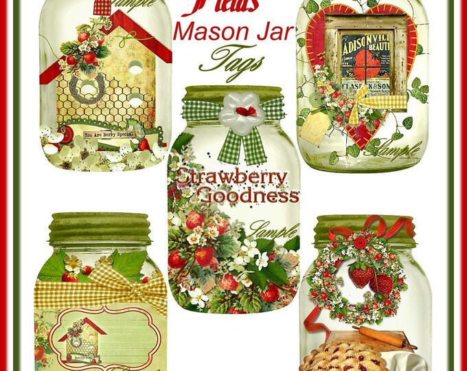 Cottage Chic Strawberry Fields Mason Jar Tags Digital - Etsy