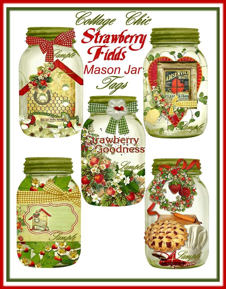 Cottage Chic Strawberry Fields Mason Jar Tags Digital Printables ...