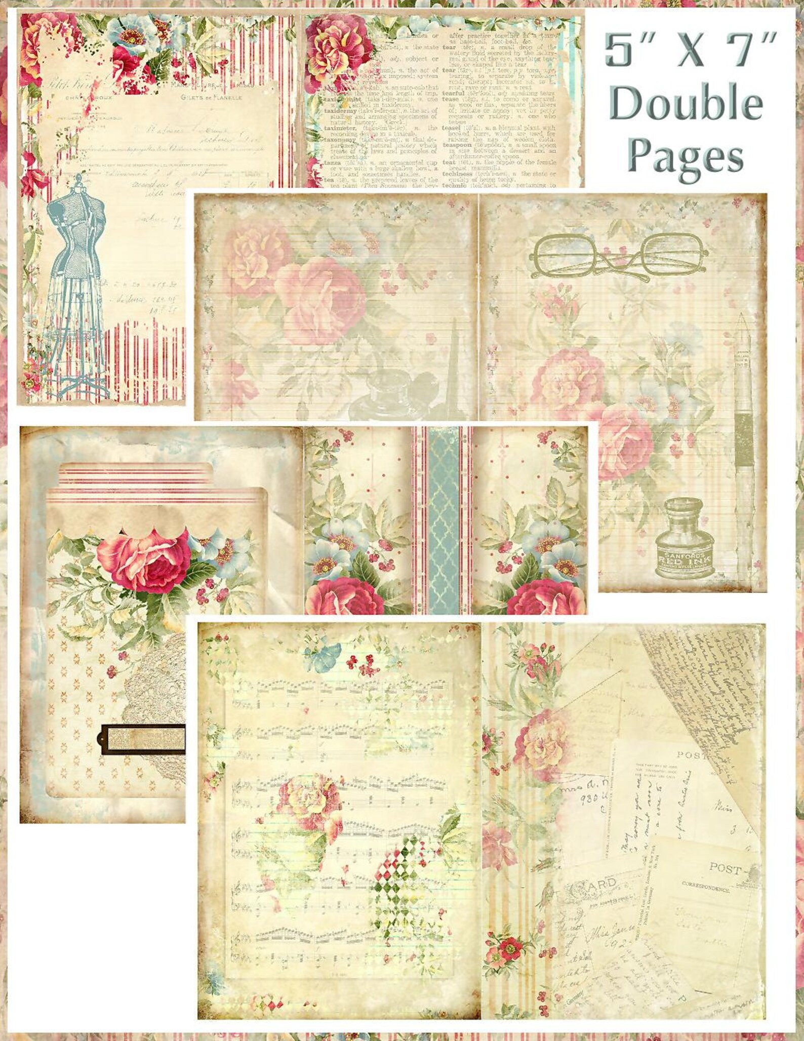 Shabby Roses Digital Journal Book Kit With 24 Papers and 72 | Etsy