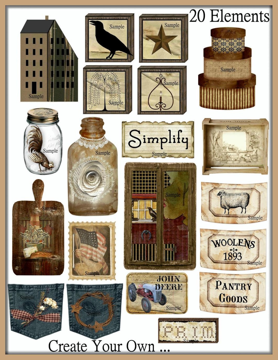 Create Your Own Primitive Tags Set Kit INSTANT DOWNLOAD Vintage Digital ...