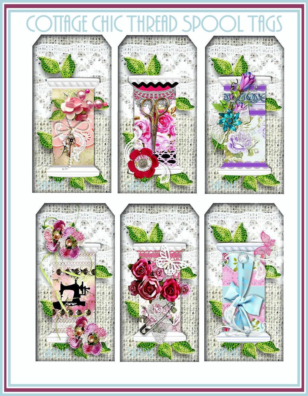 INSTANT DOWNLOAD Cottage Chic Thread Spool Tags Digital Shabby Digital ...
