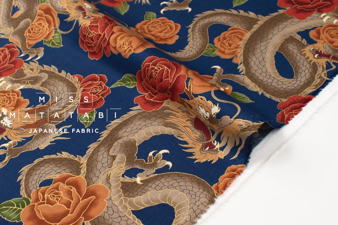 Japanese Fabric Traditional Dragon - Blue, Metallic Gold - 50cm - Etsy