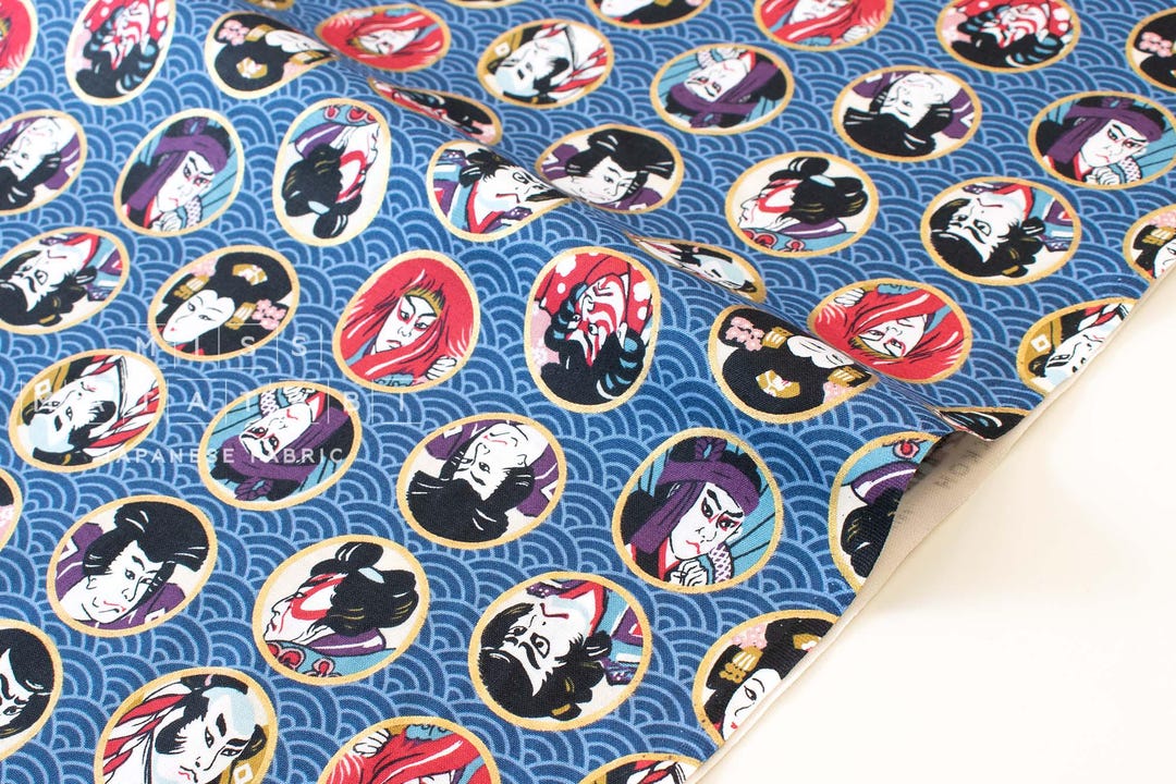 Japanese Fabric Kabuki Blue, Metallic Gold 50cm - Etsy