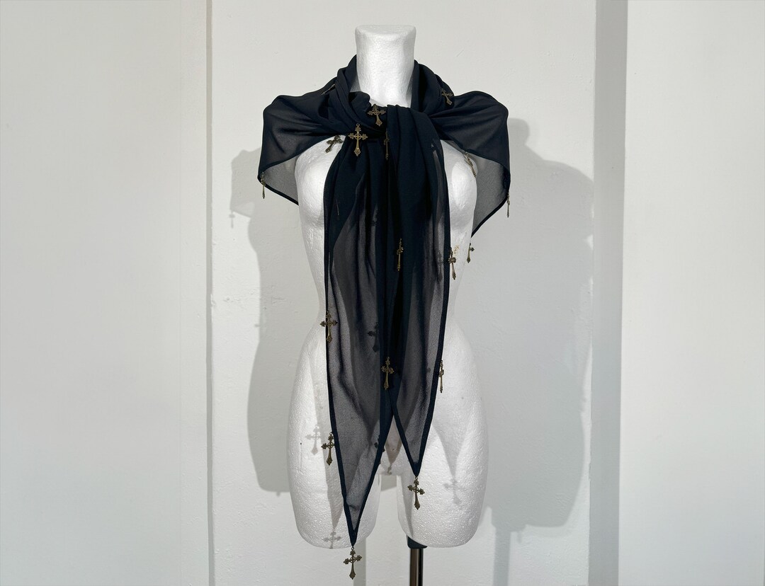 Large Black Chiffon Scarf With Cross Pendants, Triangle Shaped Gothic ...