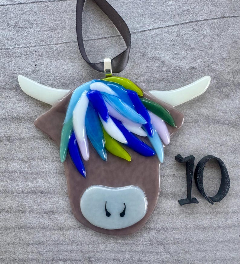 Fused Glass Highland Cow Face Ornament W/ Colorful Hair - Etsy