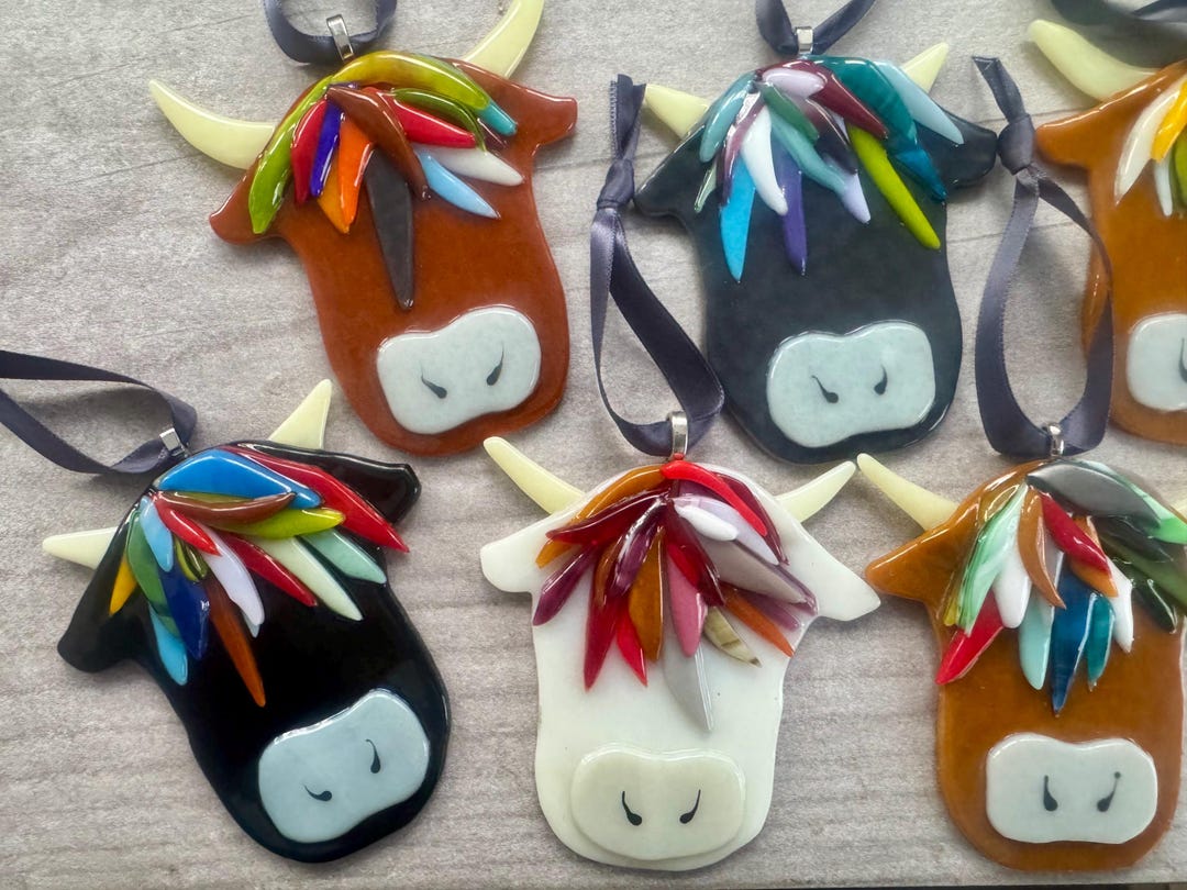 Fused Glass Highland Cow Face Ornament W/ Colorful Hair - Etsy