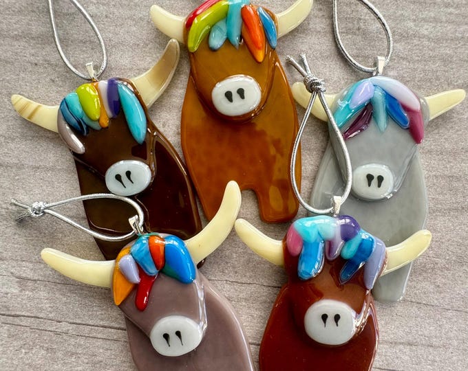 Fused Glass Highland Cow Ornament W/ Colorful Hair - Etsy