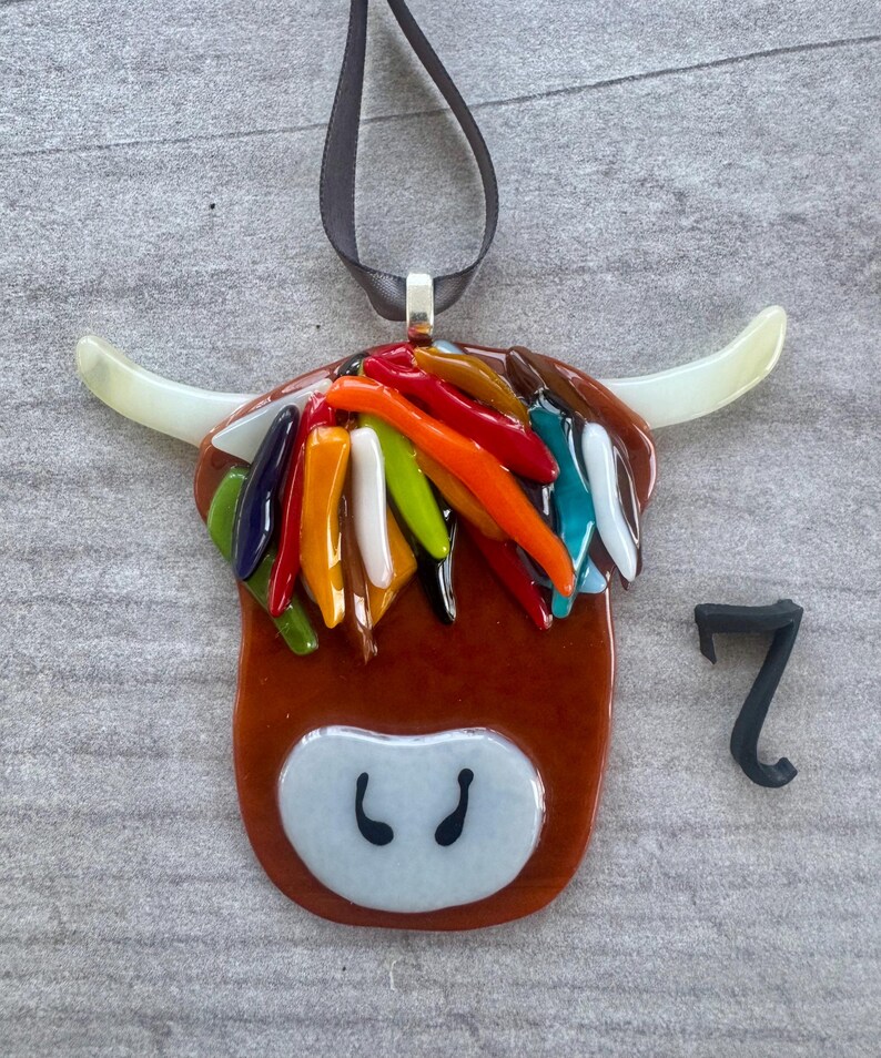 Fused Glass Highland Cow Face Ornament W/ Colorful Hair - Etsy