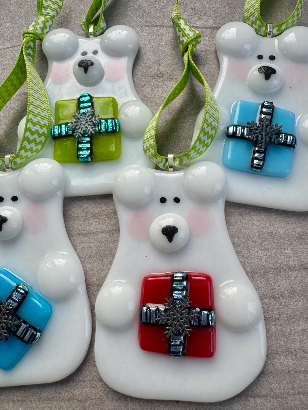 Fused Glass Polar Bear Ornament With Present & Snowflake - Etsy