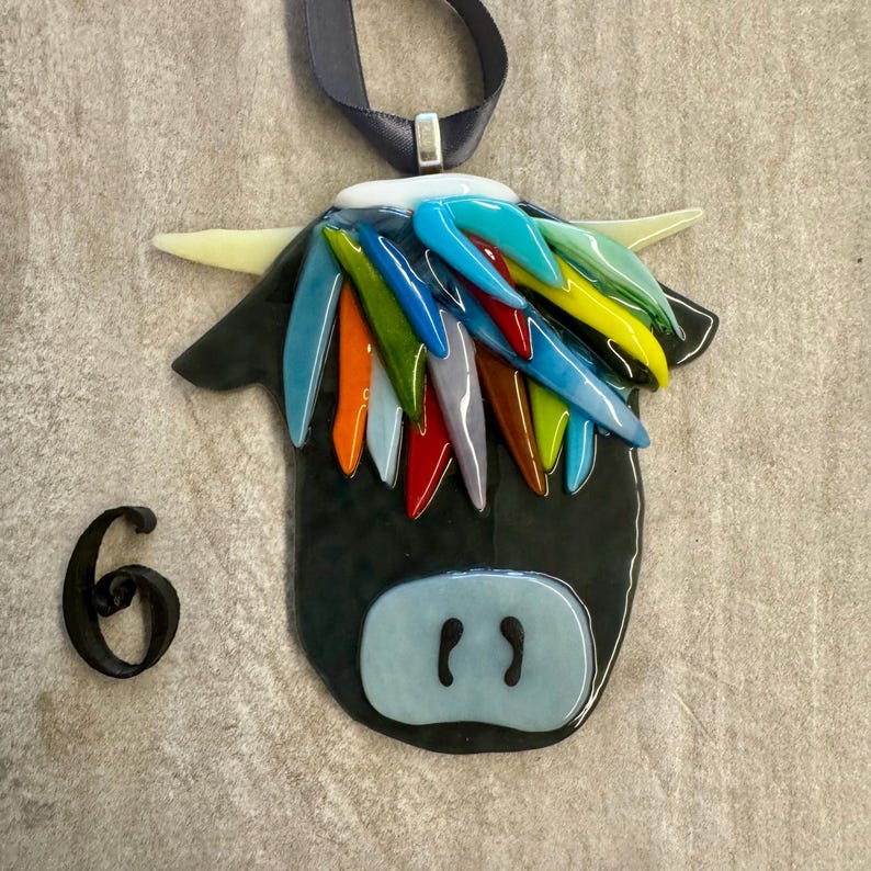 Fused Glass Highland Cow Face Ornament W/ Colorful Hair - Etsy