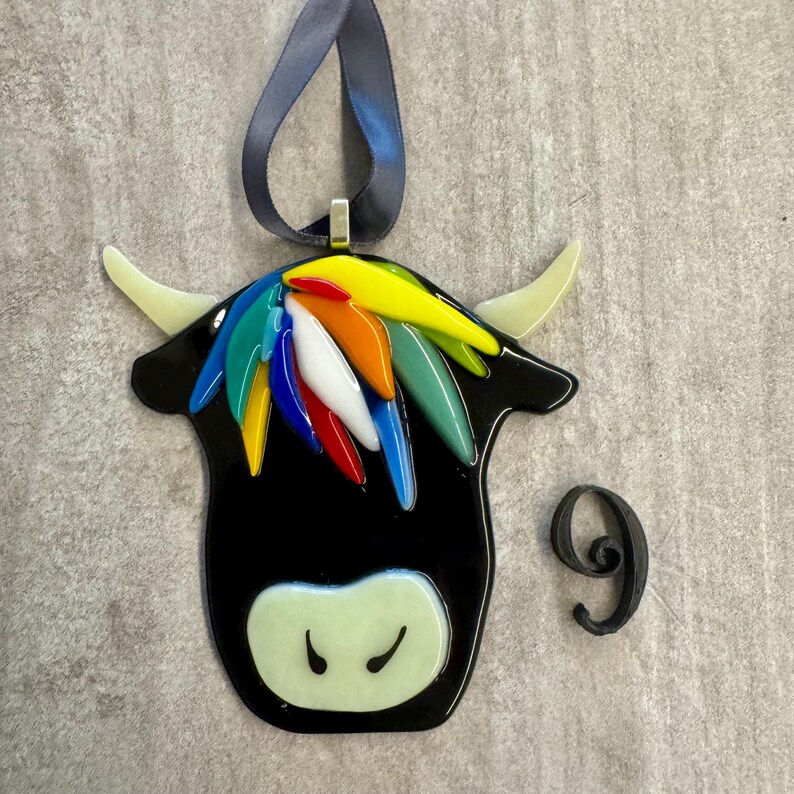Fused Glass Highland Cow Face Ornament W/ Colorful Hair - Etsy