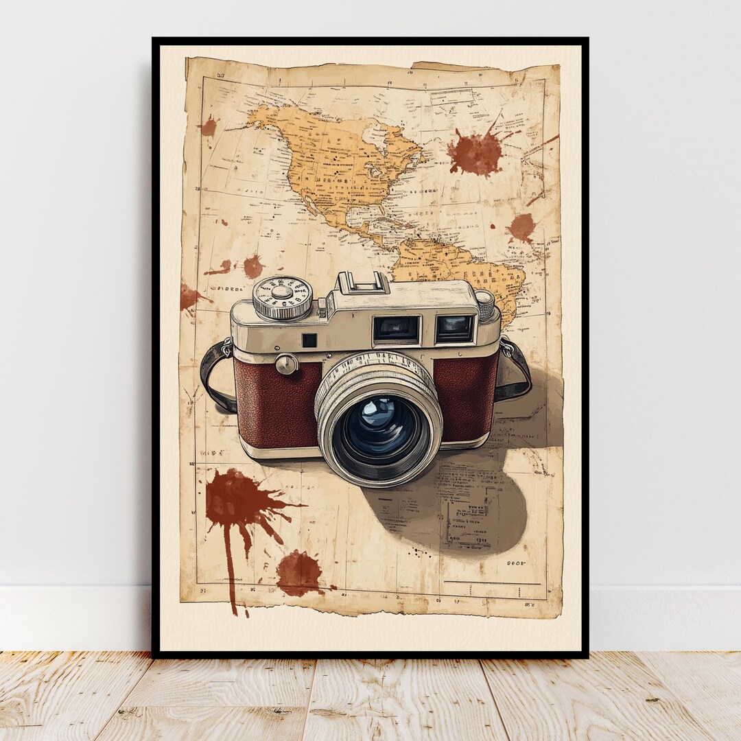 Vintage Camera & World Map Poster - Etsy