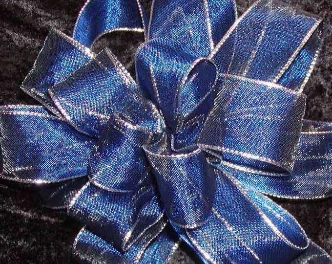 Blue and Silver Wire Edged Ribbon Bow Tree Topper, Package Bow, Wreath ...