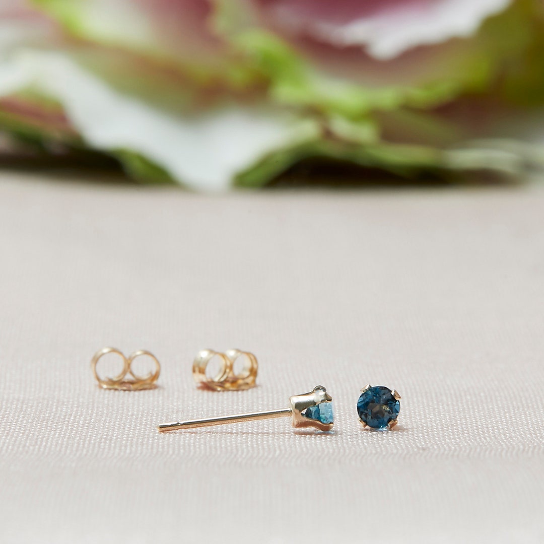 Tiny London Blue Stud Earrings in 14k Solid Gold, Blue Topaz Studs, 3MM ...