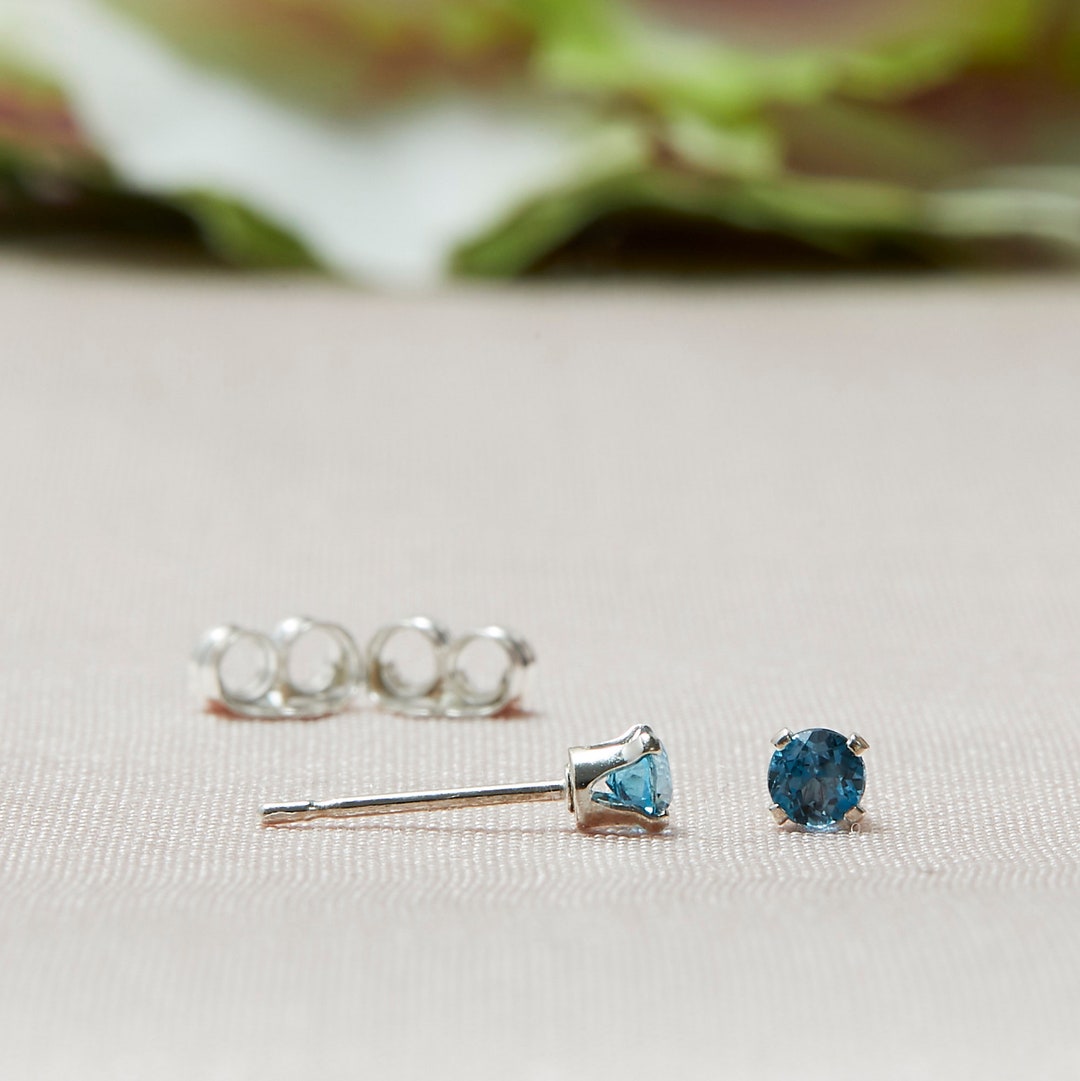 Tiny London Blue Stud Earrings in Sterling Silver, Blue Topaz Studs ...