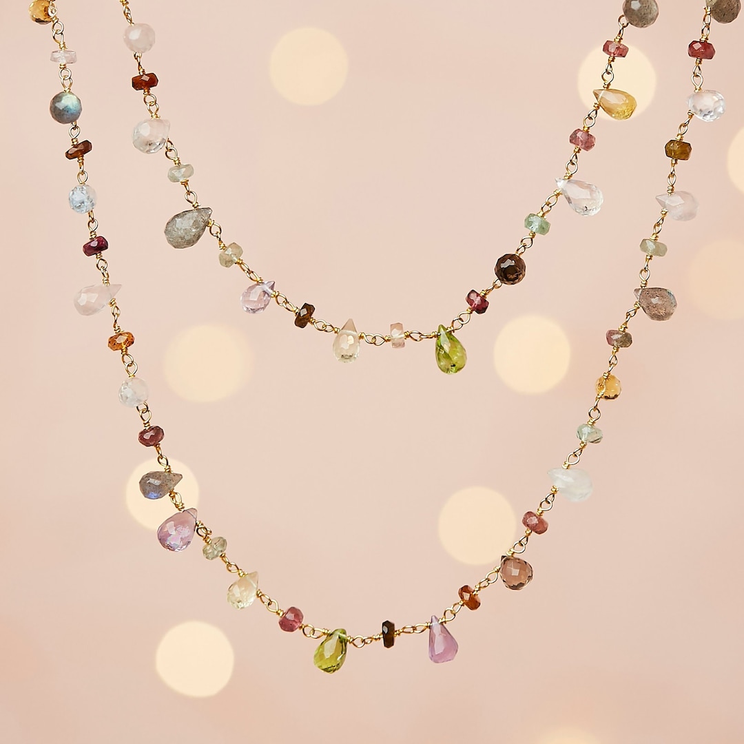 Multi-gemstone Necklace in 18k Gold Plated or Silver, Long Pastel Stone ...