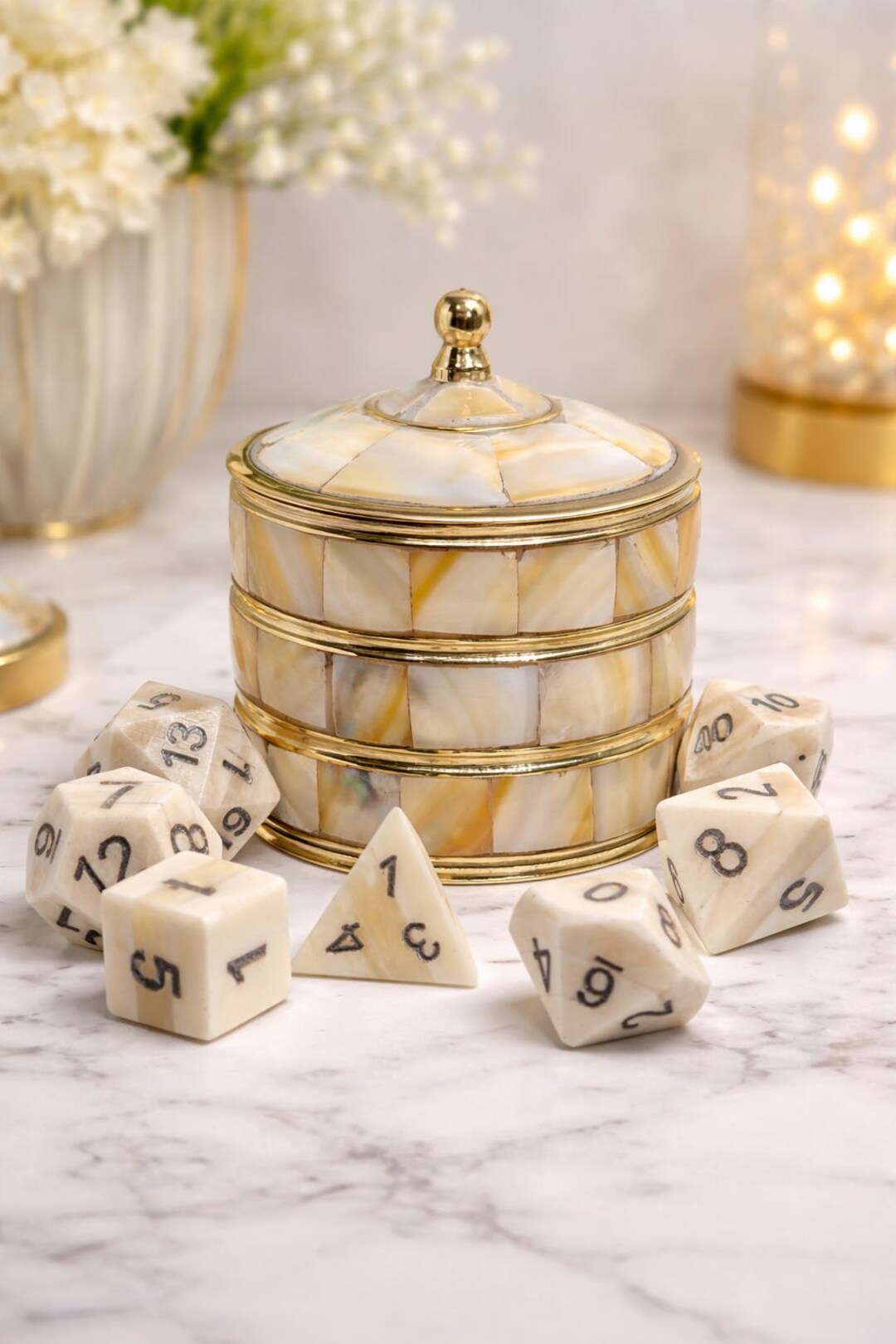 Luxury Buffalo Bone Dnd Dice Set | Brass & Mother of Pearl Inlay Box - Etsy