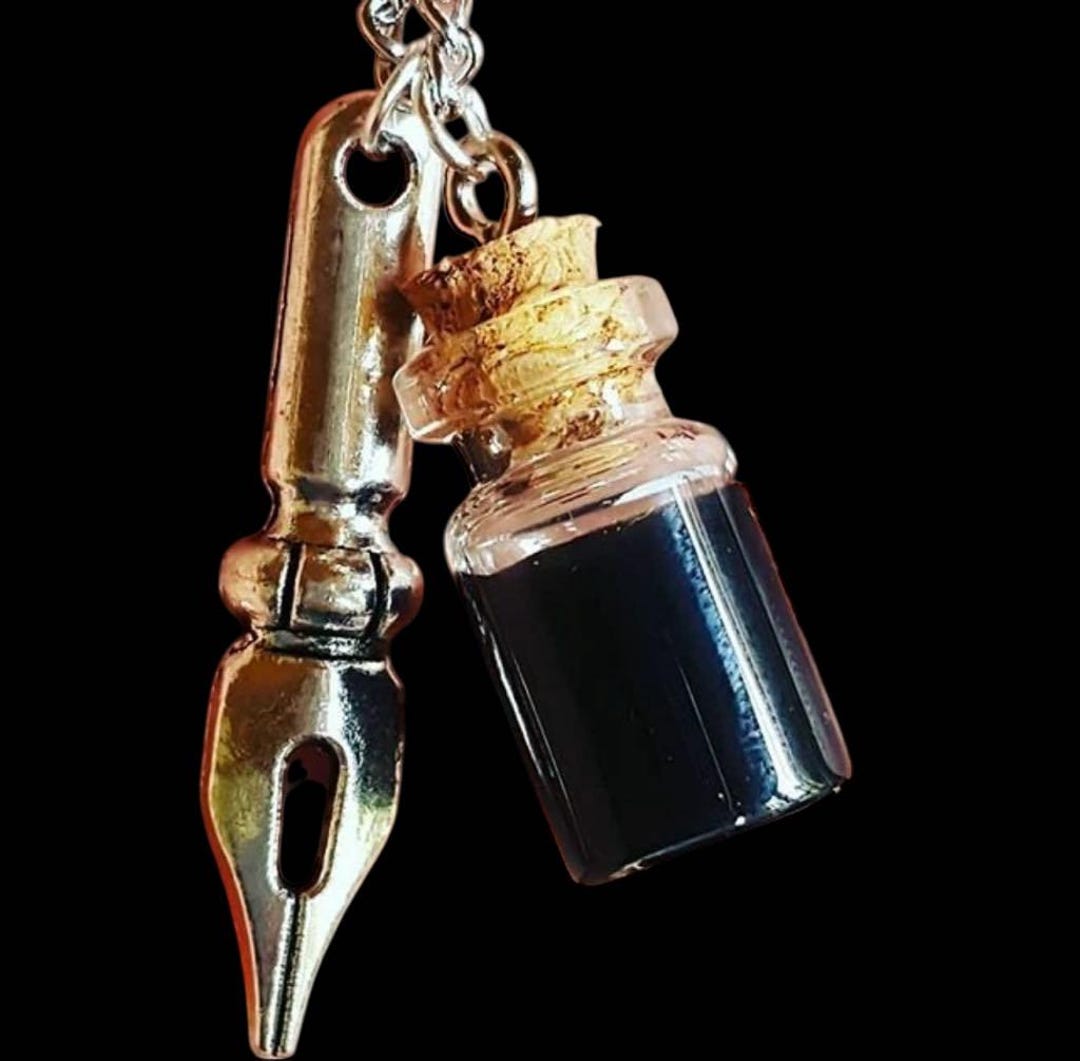 Miniature Ink Bottle & Pen Charm Necklace - Silver Plated - Gift ...