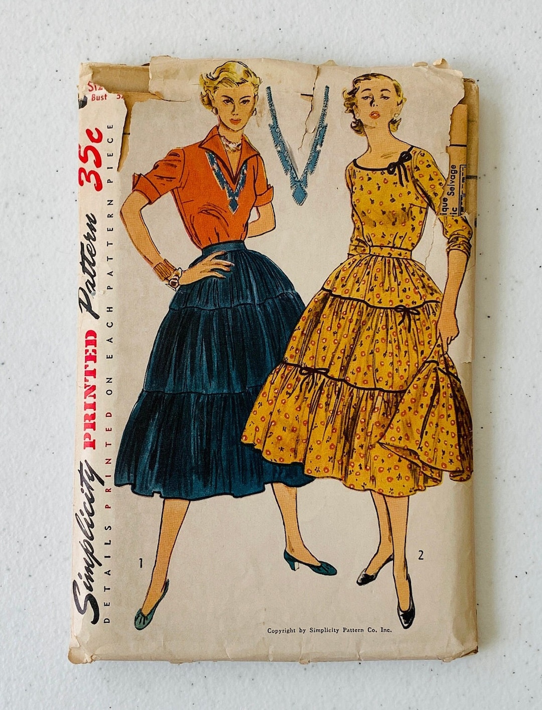 Vintage Simplicity 3978 Sewing Pattern 1952 Tiered Full Skirt Dress ...